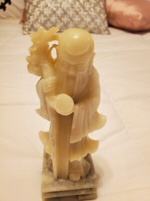 VTG. JADE HAND CARVED CHINISE FIGURINE of "MAN SHOU XING" 7.25in Tall ...