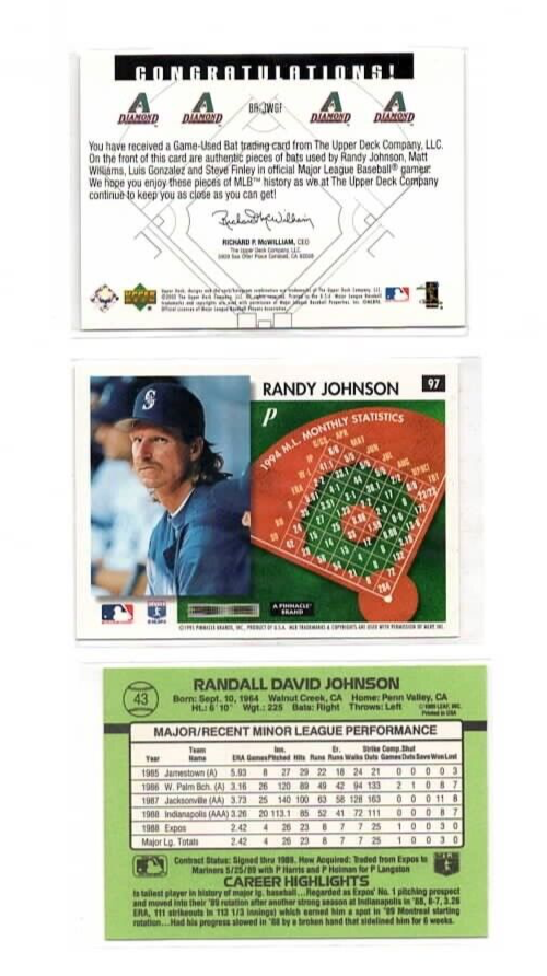 (LOT OF 3) 2002 UD black diamond connection bat around RANDY JOHNSON ...