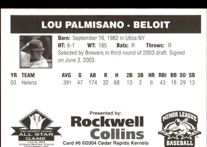 2004 Midwest League All-Star Rockwell Collins #6 Lou Palmisano Utica ...