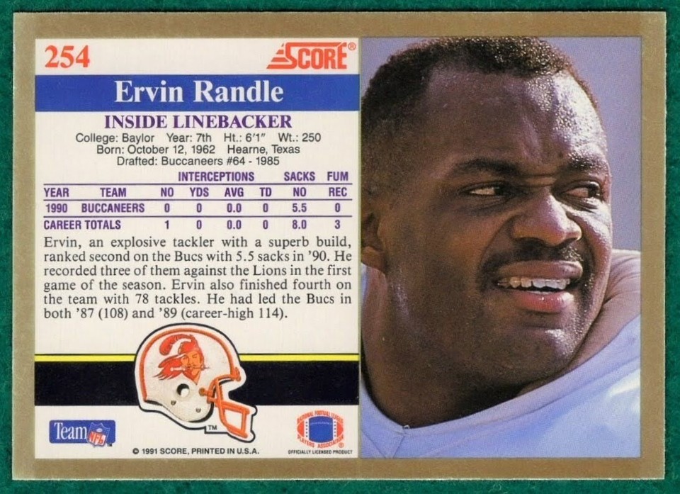 Ervin Randle - 1991 Score #254 - Tampa Bay Buccaneers Football Card | eBay