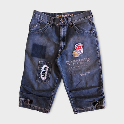 rrj Rough Rider Jeans Vintage Y2K Frayed Patch Denim Wide Leg Shorts ...