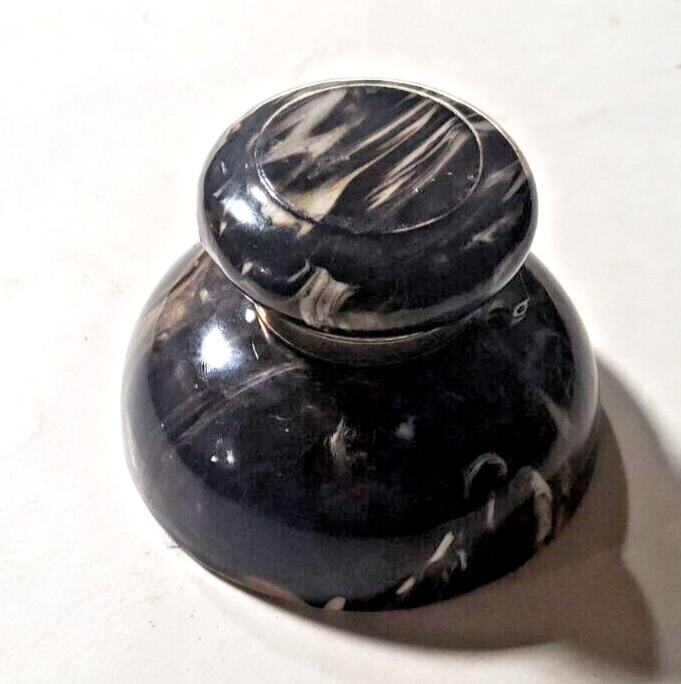 Ceramic Ink Pot Vintage Brown Marbleized Design Brass Cap Fitted Rare ...