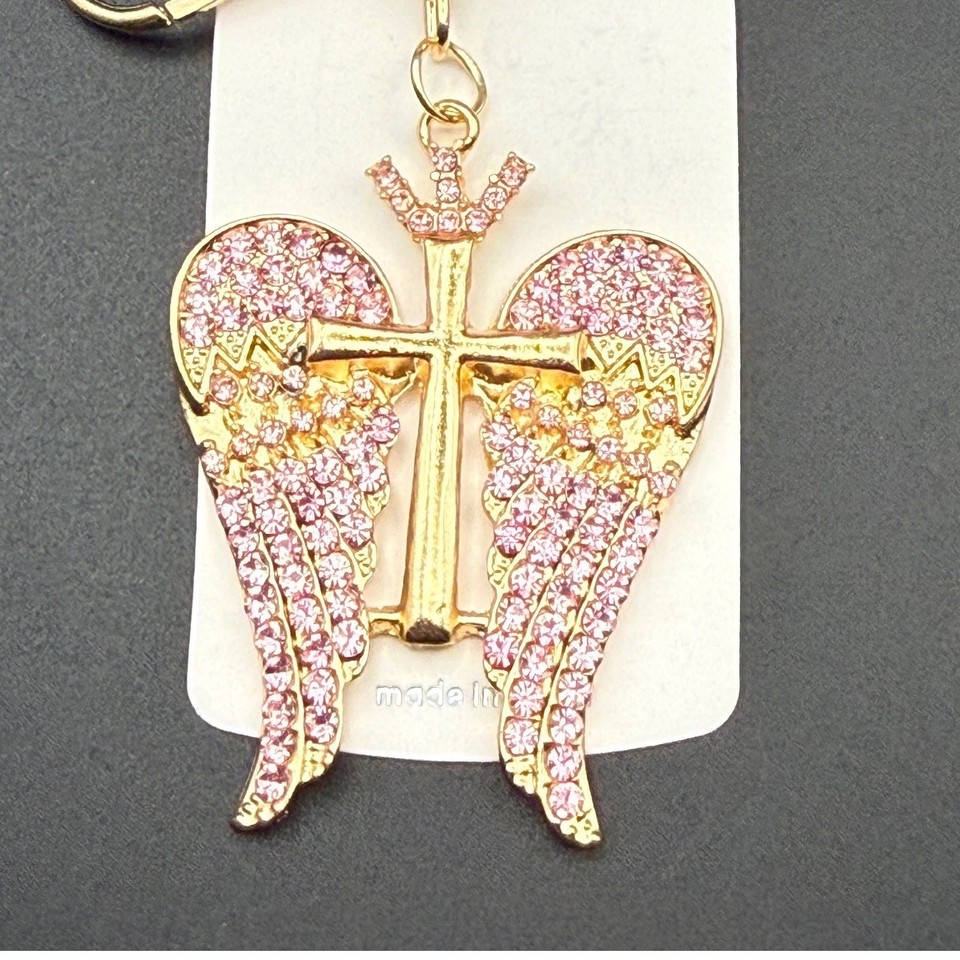 Gold Angel Wings Cross Pink Rhinestone Keychain Charm Bag Purse ...