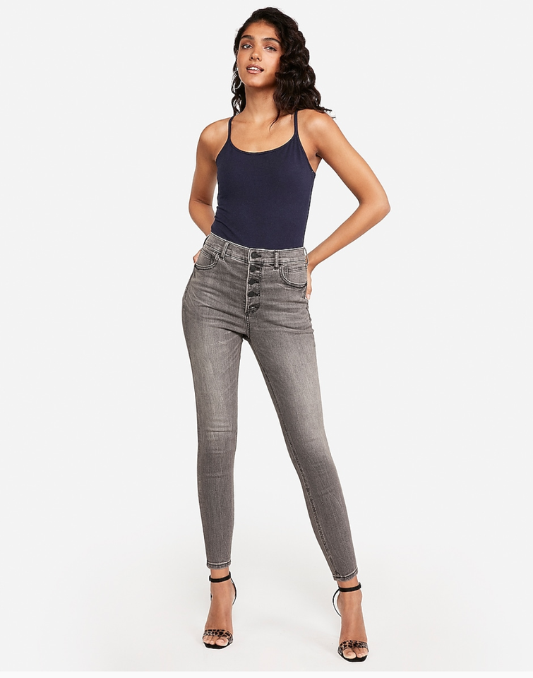 Express High Waisted Denim Perfect Lift Gray Button Fly Ankle Leggings ...