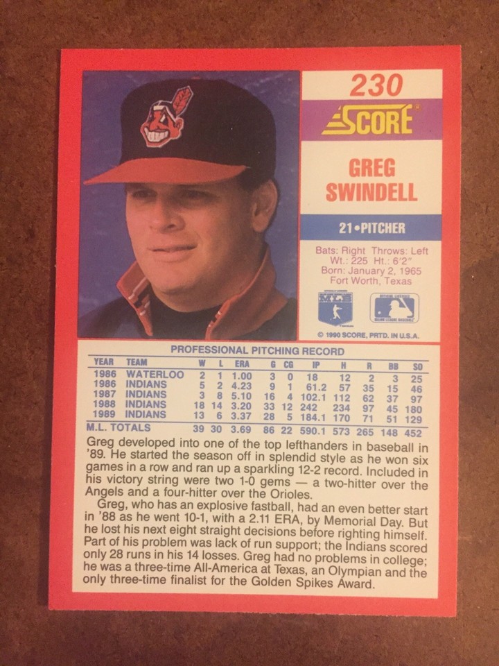 Greg Swindell 230 Score 1990 MLB Baseball Trading Card | eBay