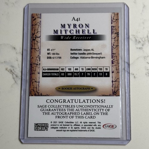 2021 SAGE Premier Draft Myron Mitchell Auto Red #A41 | eBay