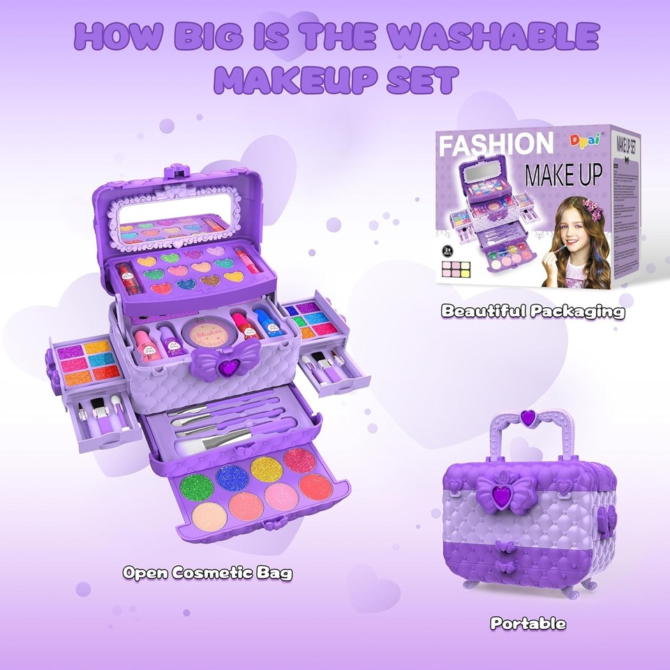 54 Pcs Kids Makeup Kit for Girls, Princess Real Washable Pretend Play ...