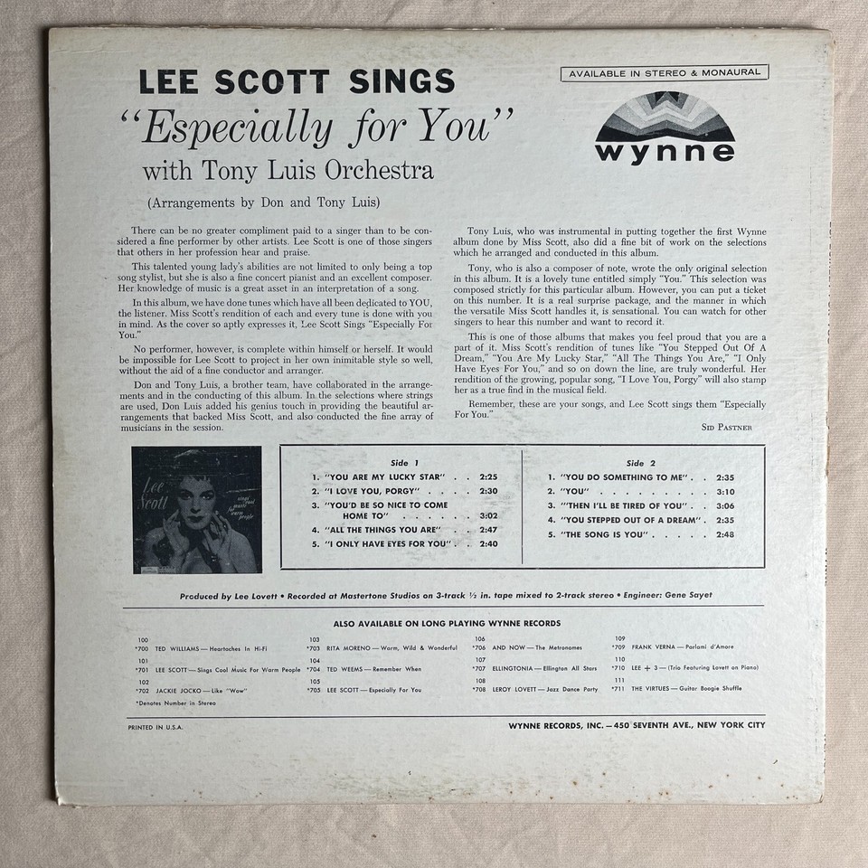 LEE SCOTT Especially For You 1959 Vinyl LP Cheesecake Cover - Wynne WLP ...