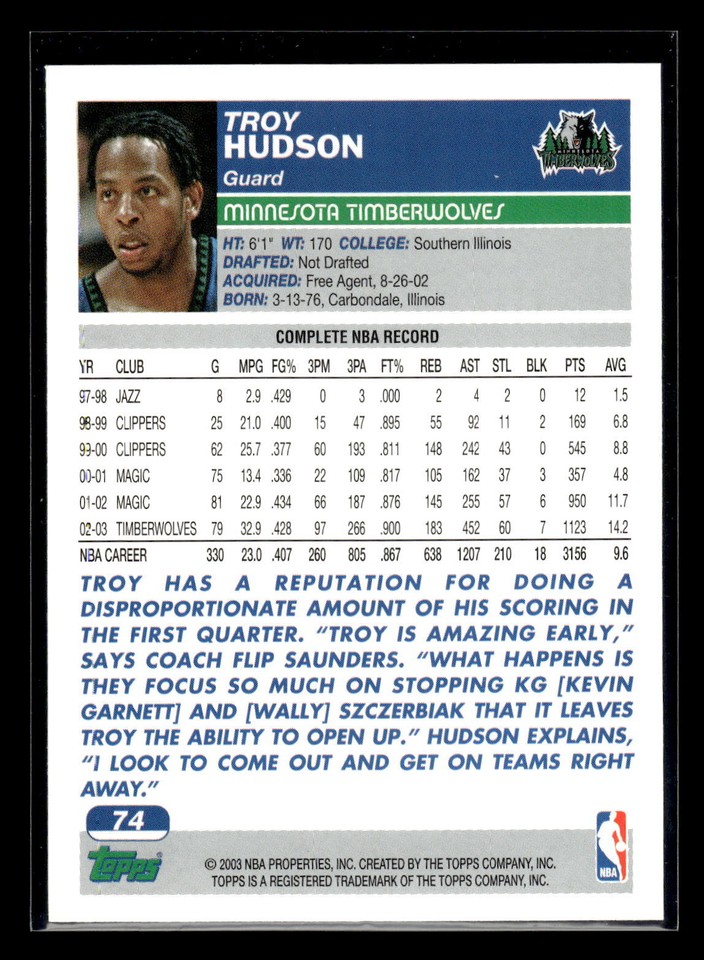 2003 Topps #74 Troy Hudson Variation Collection Mint+ New | eBay