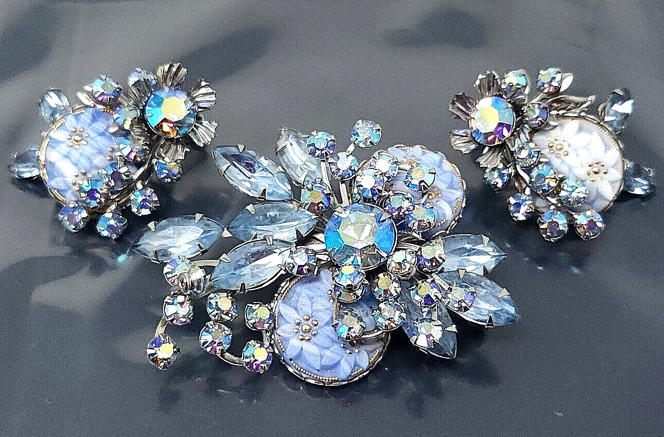 Vintage W Germany Blue AB Rhinestone Lucite Flowers C… - Gem