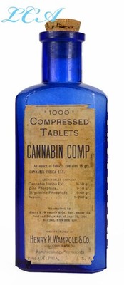 Nice BLUE Wampole's CANNABIS TABLETS antique bottle w/copy MARIJUANA ...