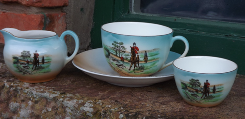 Vintage Tea for one set Tally Ho Hunting scene Cup & saucer jug & sugar ...
