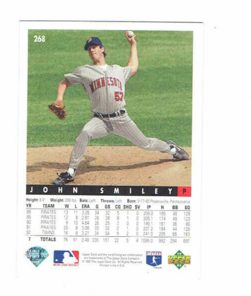 John Smiley Minnesota Twins Pitcher #268 Upper Deck 1992 #Baseball Card ...