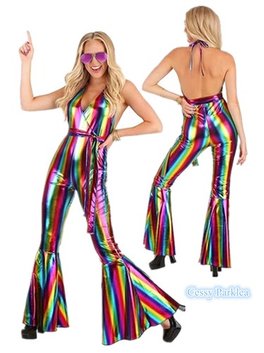 U-E3-1 70s Women's Rainbow Rave Disco Queen Jumpsuit Retro Hippie ...