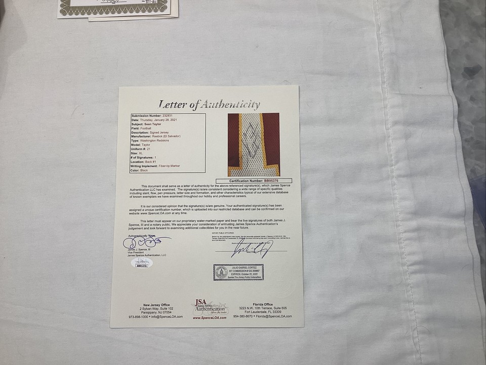 SEAN TAYLOR SIGNED REDSKINS XL ON FIELD JERSEY AUTO AUTOGRAPH JSA ...