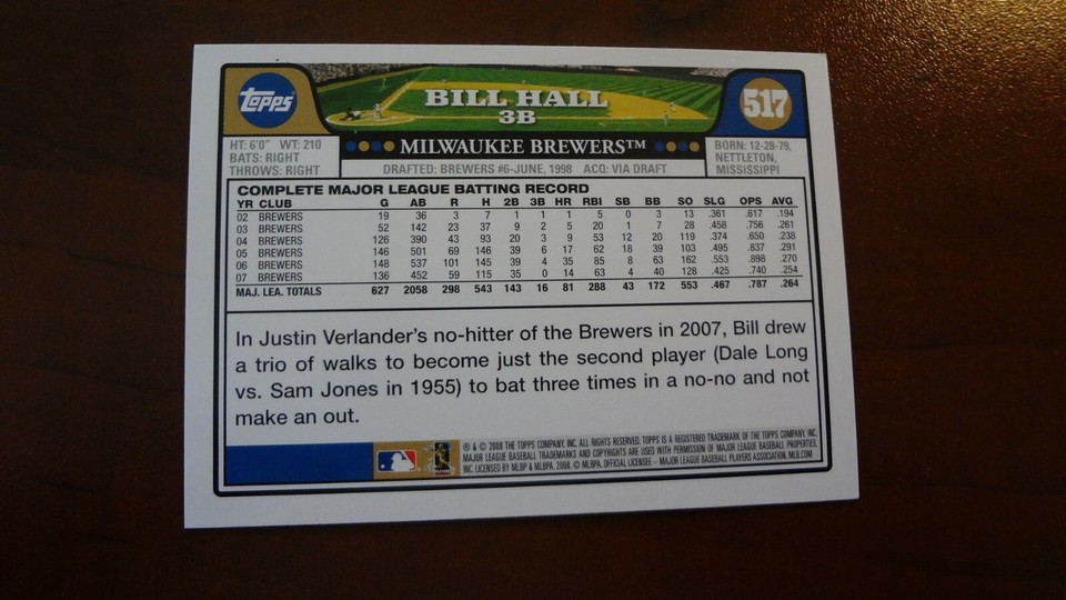 2008 TOPPS # 517 BILL HALL BASEBALL CARD | eBay