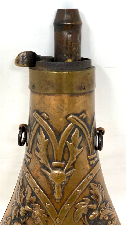 Antique 8" Copper Brass Black Powder Flask Stag Head Dogs Fox Civil War ...