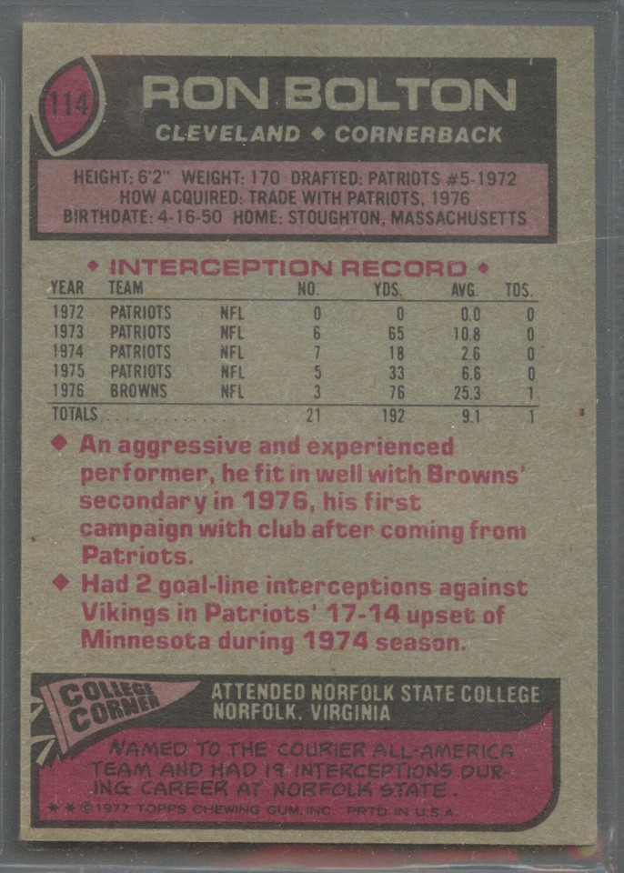 1977 Topps #114 Ron Bolton Cleveland Browns | eBay