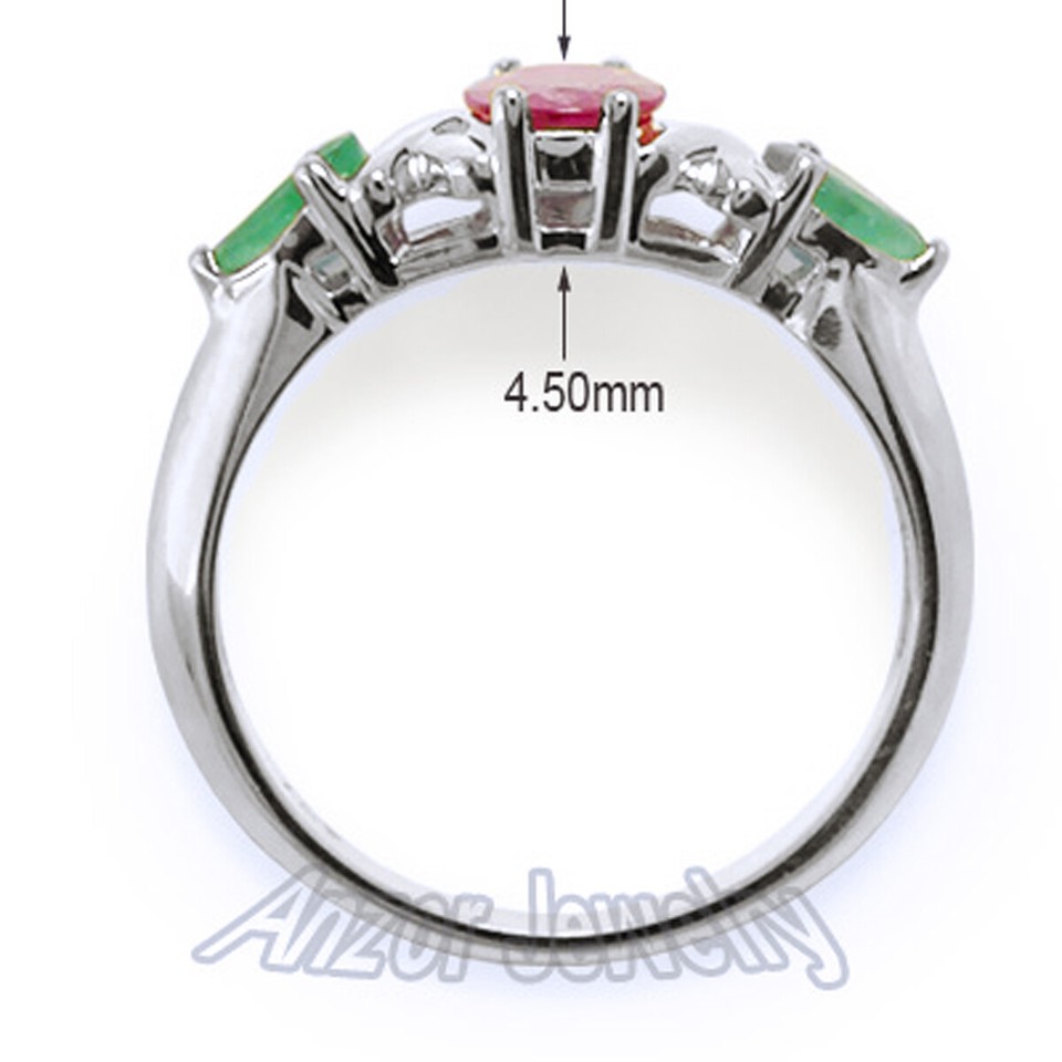 18k Solid White Gold Three-Stone Emerald and Ruby Ring 1.40ct. #R1457 ...