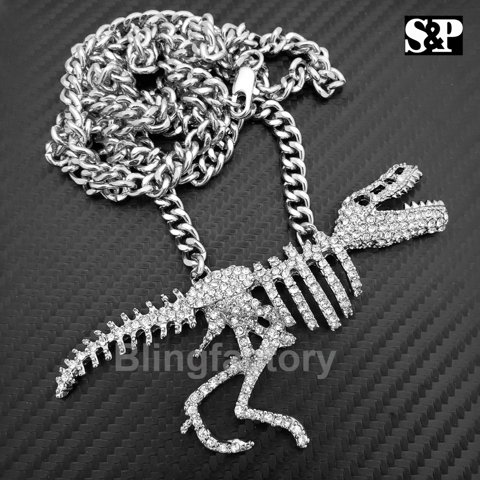 Hip Hop T-REX Skeleton Necklace & 18" Iced Cuban Box Lock Choker Chain ...