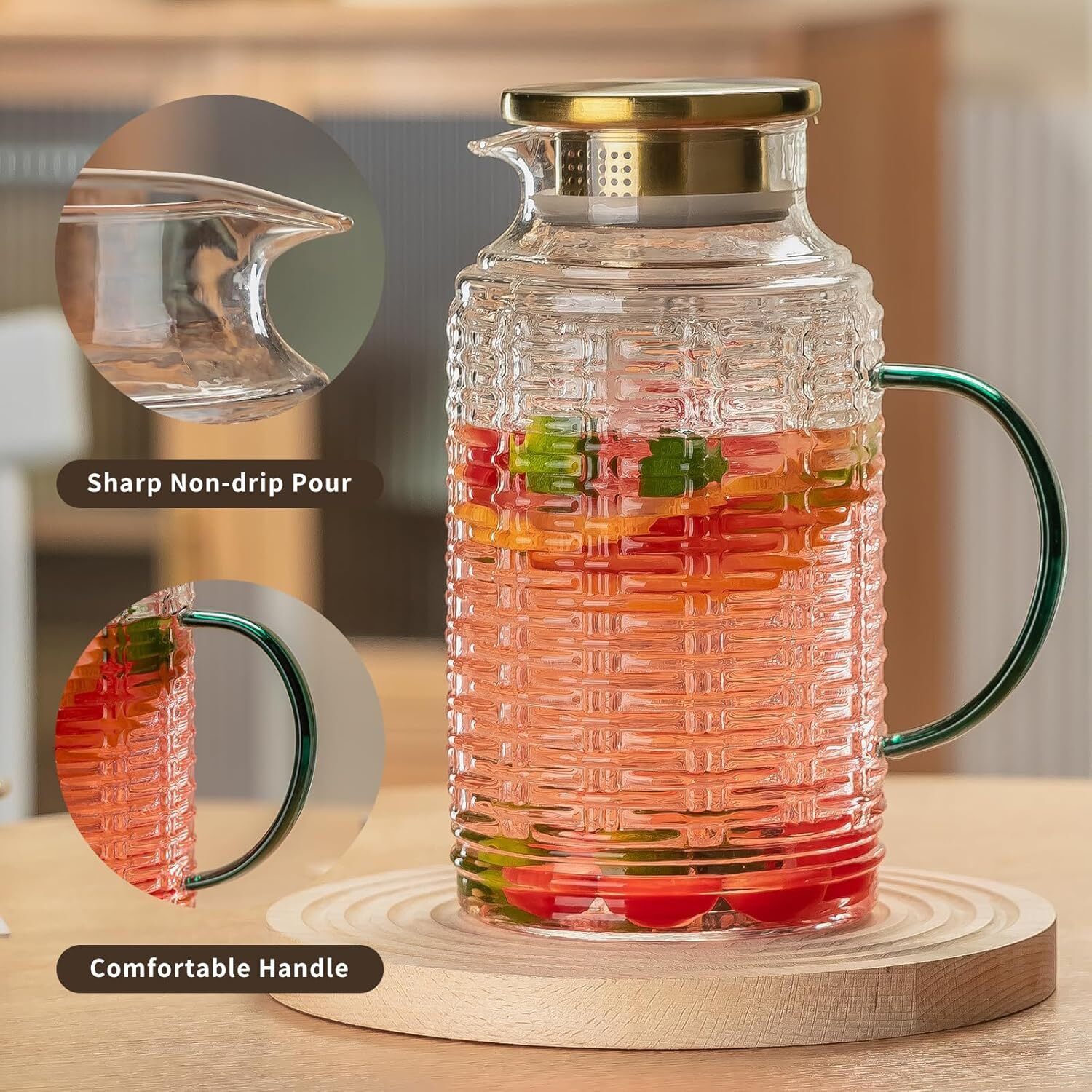 Glass Pitcher with Lid, 2 PACK 68 oz/2L Liter Vintage Water Pitcher ...