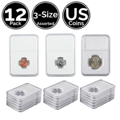 12 Pack 3 Size Assorted Slab Coin Snap Holder For US Cent Dime Quarter ...