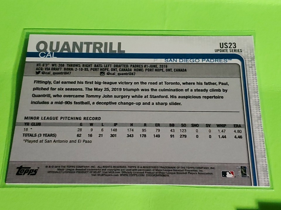 Topps 2019 Update Baseball Card #US23 Cal Quantrill San Diego Padres RC ...