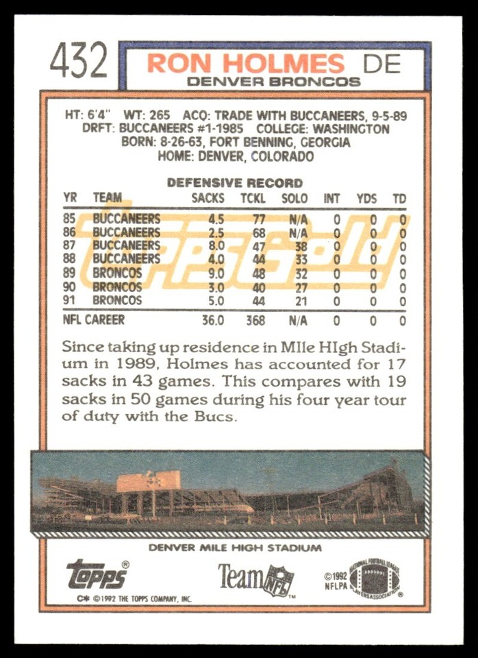 1992 Topps Gold Ron Holmes Denver Broncos #432 | eBay