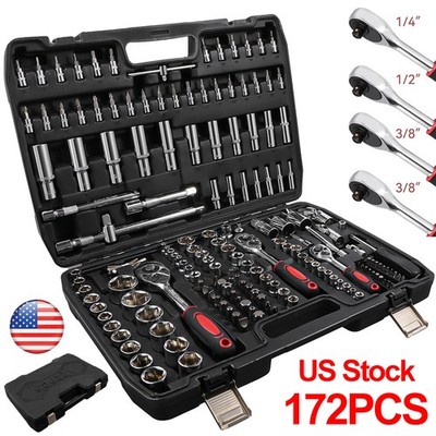 172PCS Socket Wrench Set 1/4 3/8" 1/2" Drive Ratchet Metric Kit Car ...