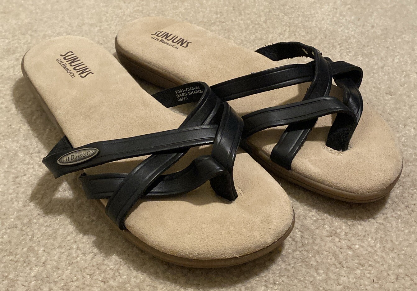 GH Bass Sunjuns Sharon Black Leather Straps Thong San… - Gem