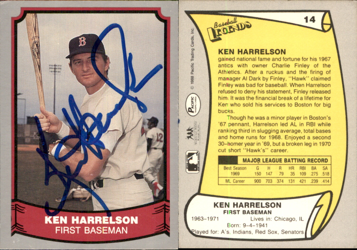 Ken Hawk Harrelson Signed 1988 Pacific Legends I #14 AU HOF Boston Red ...