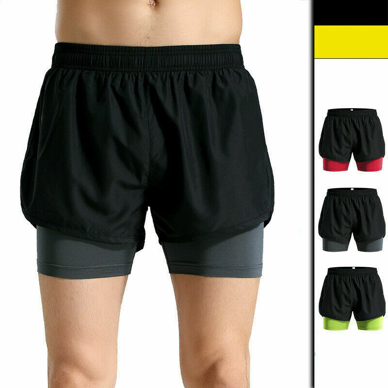 Men Double Layer Sport Shorts Quick Dry Fitness Training Running Half ...