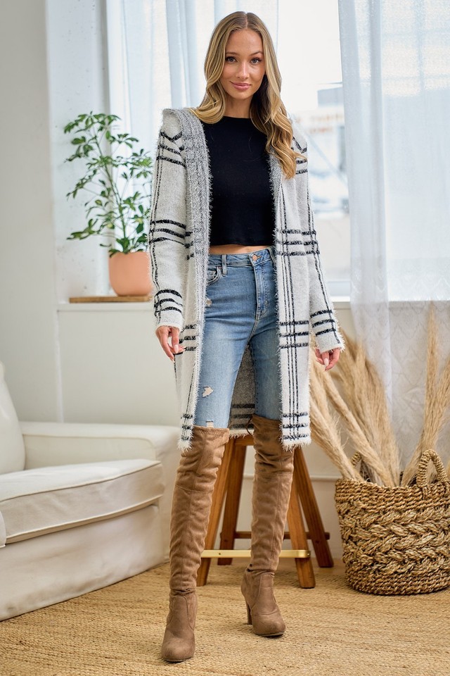 Plus Hooded Plaid Knit Cardigan Sweater Coat Long Duster Jacket White ...