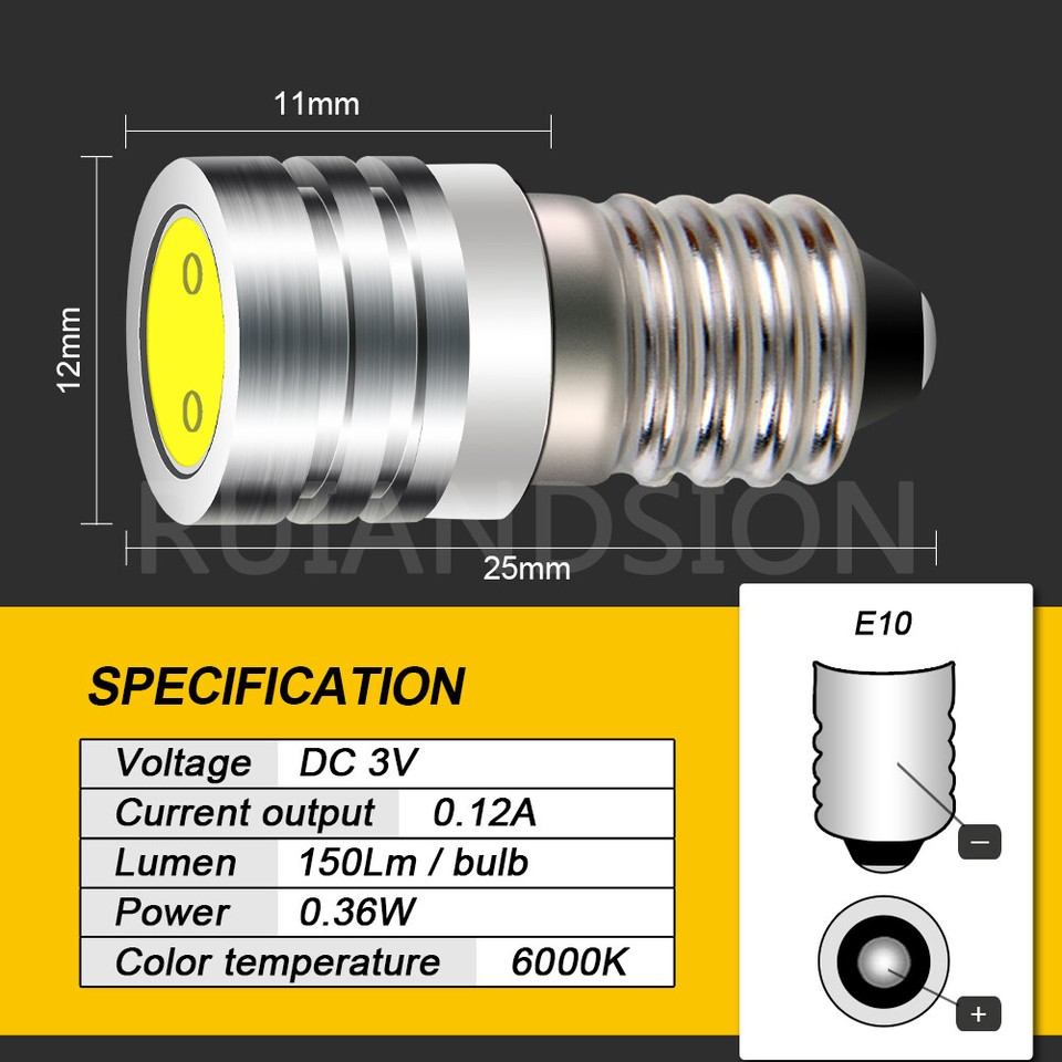 DC 3V 6V 12V E10 1447 Screw LED 2W COB Flashlight Torch Lamp Bulb 6000K ...