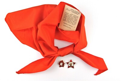 Soviet Pioneer Tie Scarf & 2 pcs PIN Badge, ORIGINAL from old stock ...