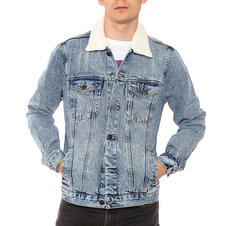 Mens Denim Jacket with Detachable Sherpa Collar Trucker Fur Classic ...
