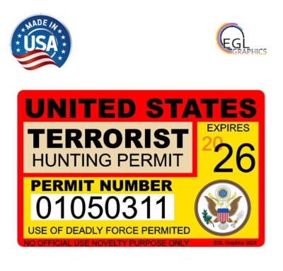USA Terrorist Hunting License Sticker Permit Funny Decal Bumper Jdm ...