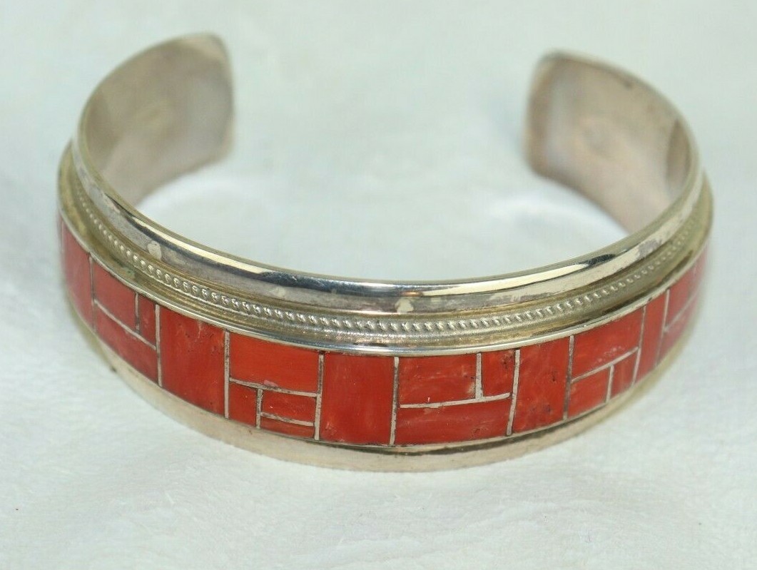 Zuni Sterling Silver Inlay Red Coral Cuff Bracelet - RGB Booqa | eBay