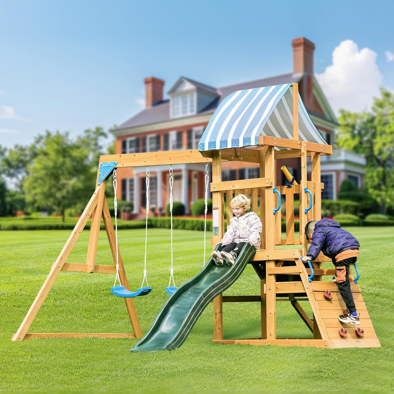Robud Kids Wooden Swing Set Playground Outdoor Cedar Playhouse Backyard ...