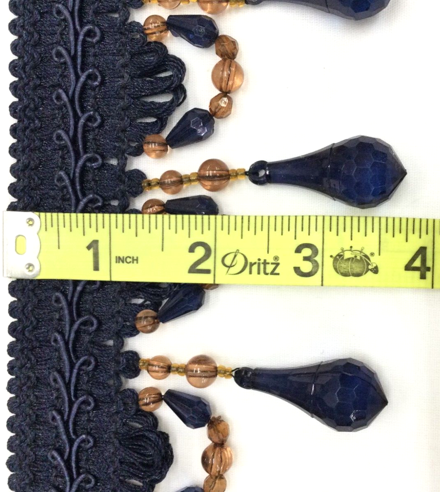 (Sold by The Yard) 4” Tear Drop Beaded Trim Fringe Gimp Top/ Navy Blue ...