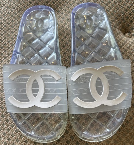 Chanel Clear Pool Slides White Logo Size 41 Transparent Jelly Sandal | eBay