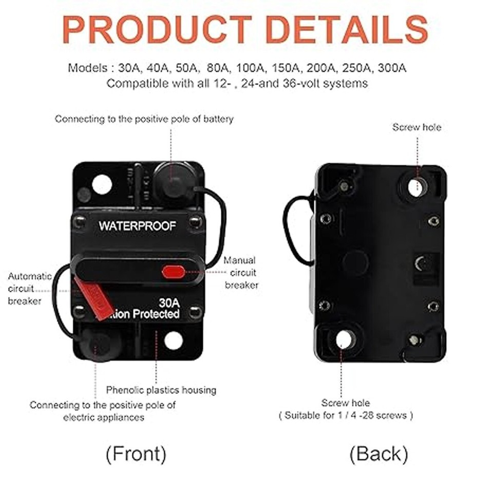 2 pack 30A Amp Waterproof Circuit Breaker Auto/Marine/Solar 12-48V DC ...