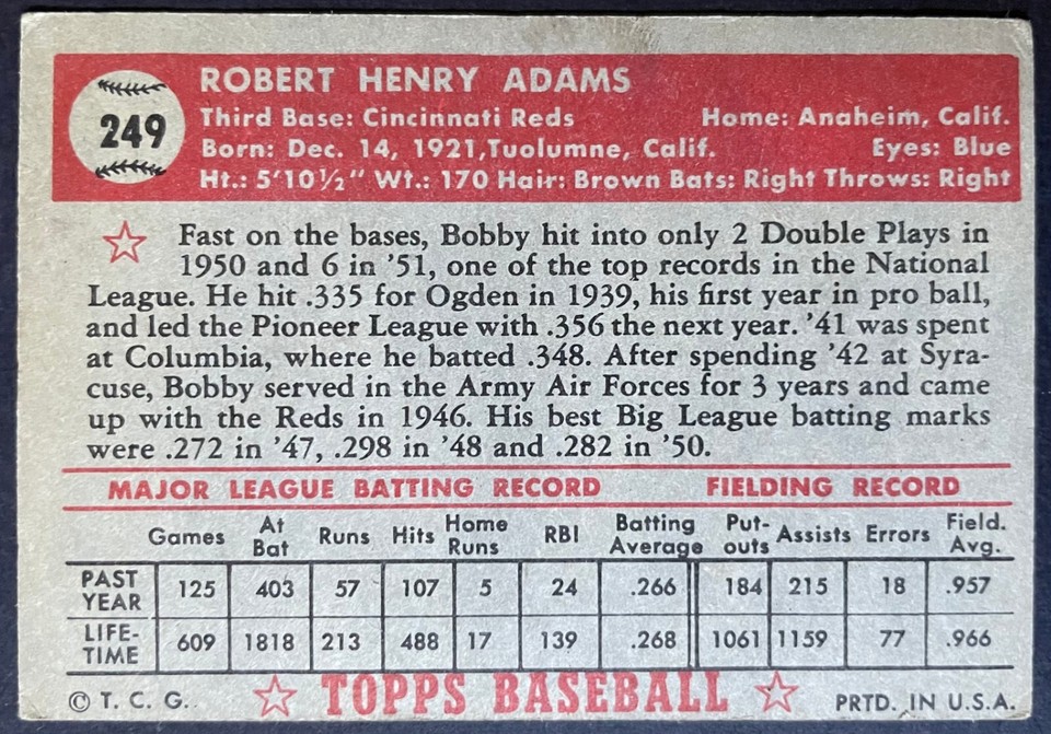1952 Topps Baseball Bobby Adams #249 Cincinnati Reds MLB Card Vintage ...