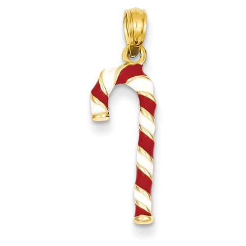 14K YELLOW GOLD ENAMELED 3D CANDY CANE PENDANT CHRISTMAS HOLIDAY CHARM ...