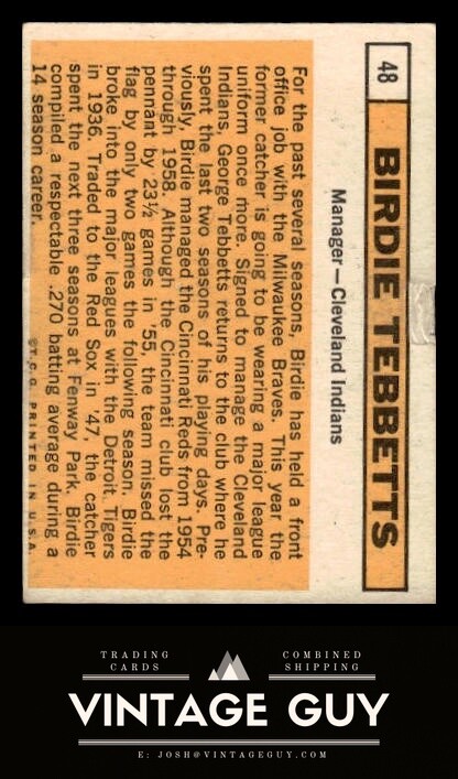 1963 Topps #48 Birdie Tebbetts Vintage Cleveland Indians Baseball Card ...