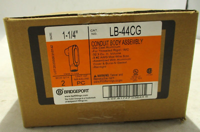 NEW BOX OF 2 BRIDGEPORT LB-44CG ALUMINUM CONDUIT BODY 1-1/4" W/ COVER ...