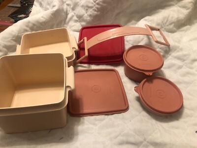 Vintage Tupperware Pink Square Away Sandwich Stack Handle Lunch Picnic ...