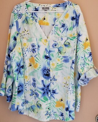 JM COLLECTION 100%Linen Collared Button Front Roll Up 3/4Sleeve Shirt ...