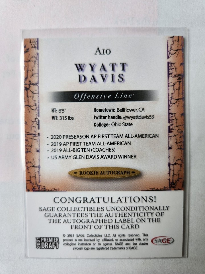 2021 Sage Hit Premier Draft Autograph Wyatt Davis RC Auto Red #A10 ...