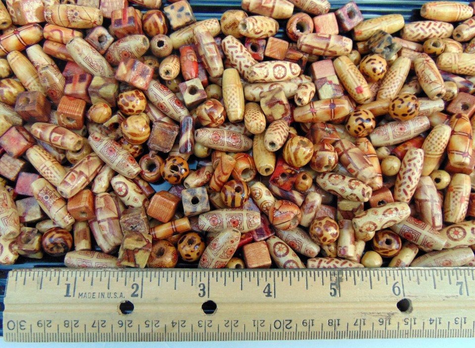 Wood BEADS ~ Mixed Shapes ~ Round ~ Tube ~ Oval Cube Browns w/ designs ...